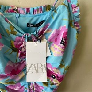 Zara | Dresses | Nwt Zara Ruched Blue Pink Floral Ruched Mini Dress M ...